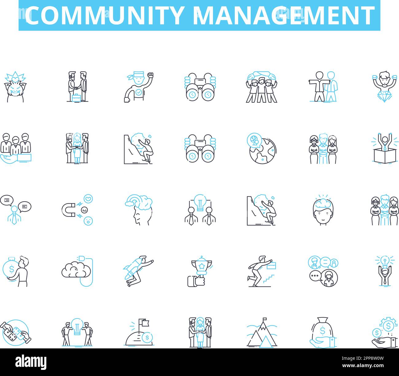 Community management linear icons set. Engage, Empower, Connect, Build ...
