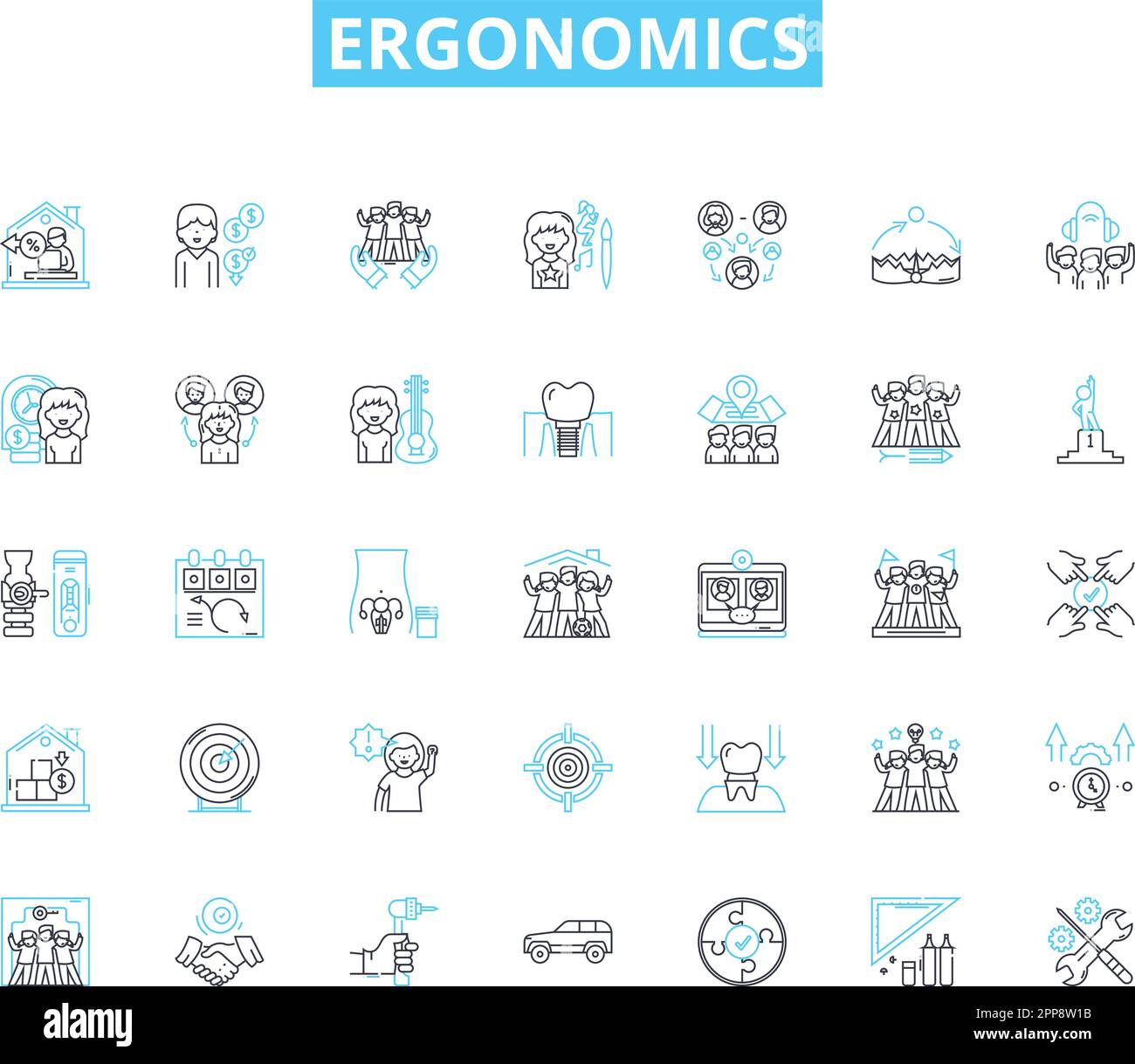 Ergonomics linear icons set. Comfort, Posture, Health, Efficiency ... Ergonomics linear icons set. Comfort, Posture, Health, Efficiency ...