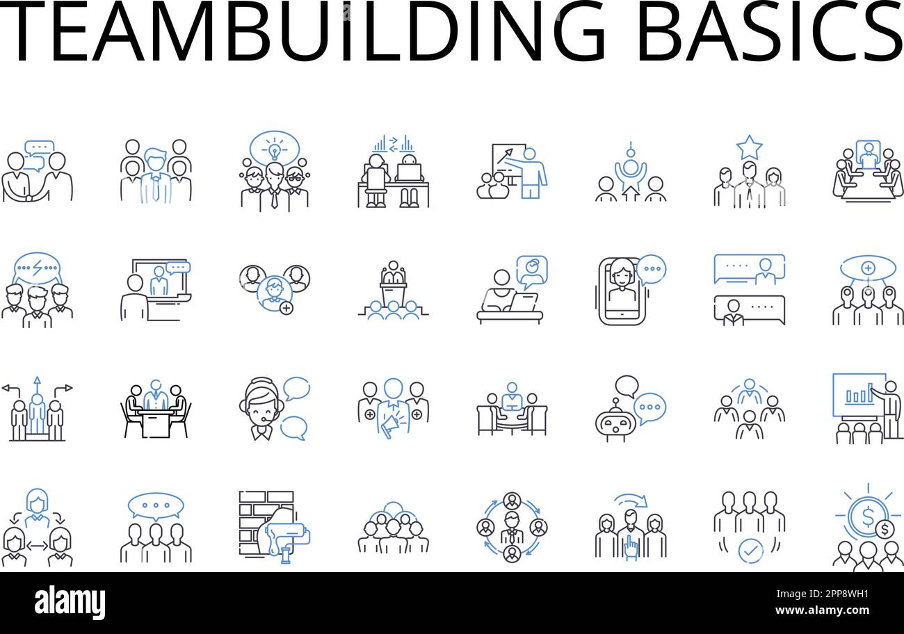 Teambuilding basics line icons collection. Leadership essentials, Communication skills, Conflict ...