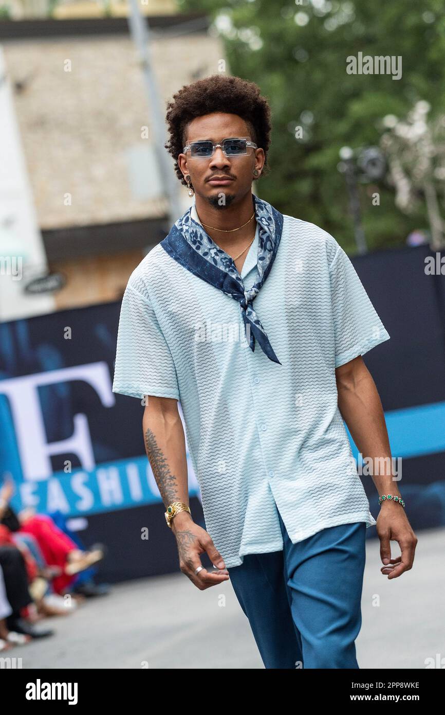 Austin Fashion Week, The Domain. 22nd Apr, 2023. Male model posing on ...
