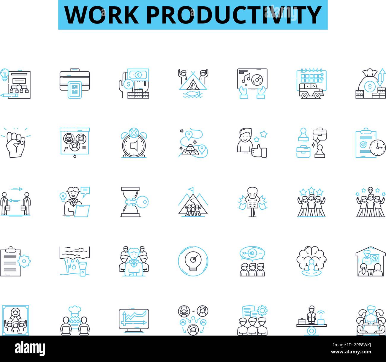 Work productivity linear icons set. Efficiency, Motivation, Focus, Time ...