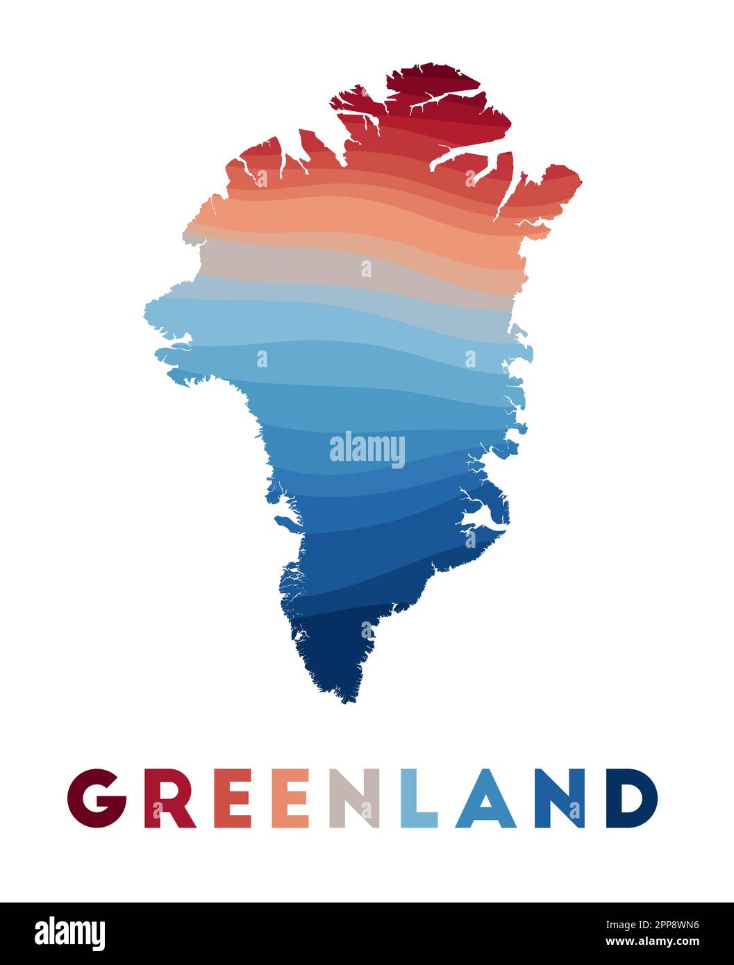 Greenland map. Map of the country with beautiful geometric waves in red ...