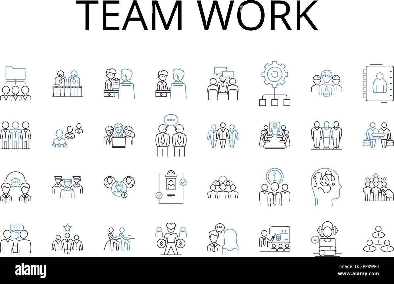 Team work line icons collection. Cooperation support, Leadership guidance, Trust bond ...