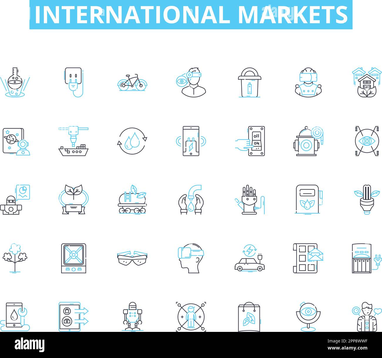 International markets linear icons set. Globalization, Trade, Export ...