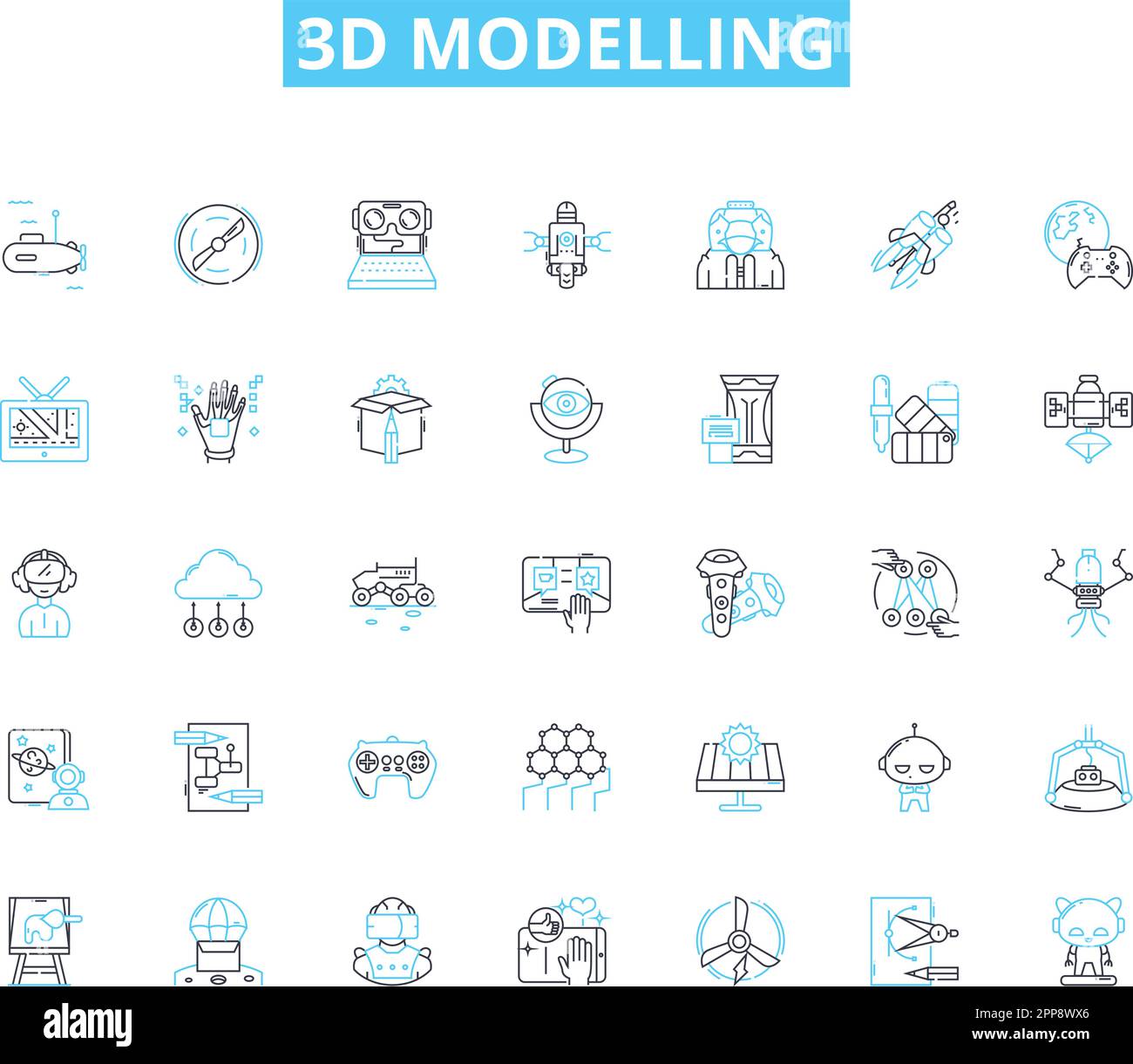 3d Modelling Linear Icons Set Rendering Sculpting Texturing Animation Modeling Rigging