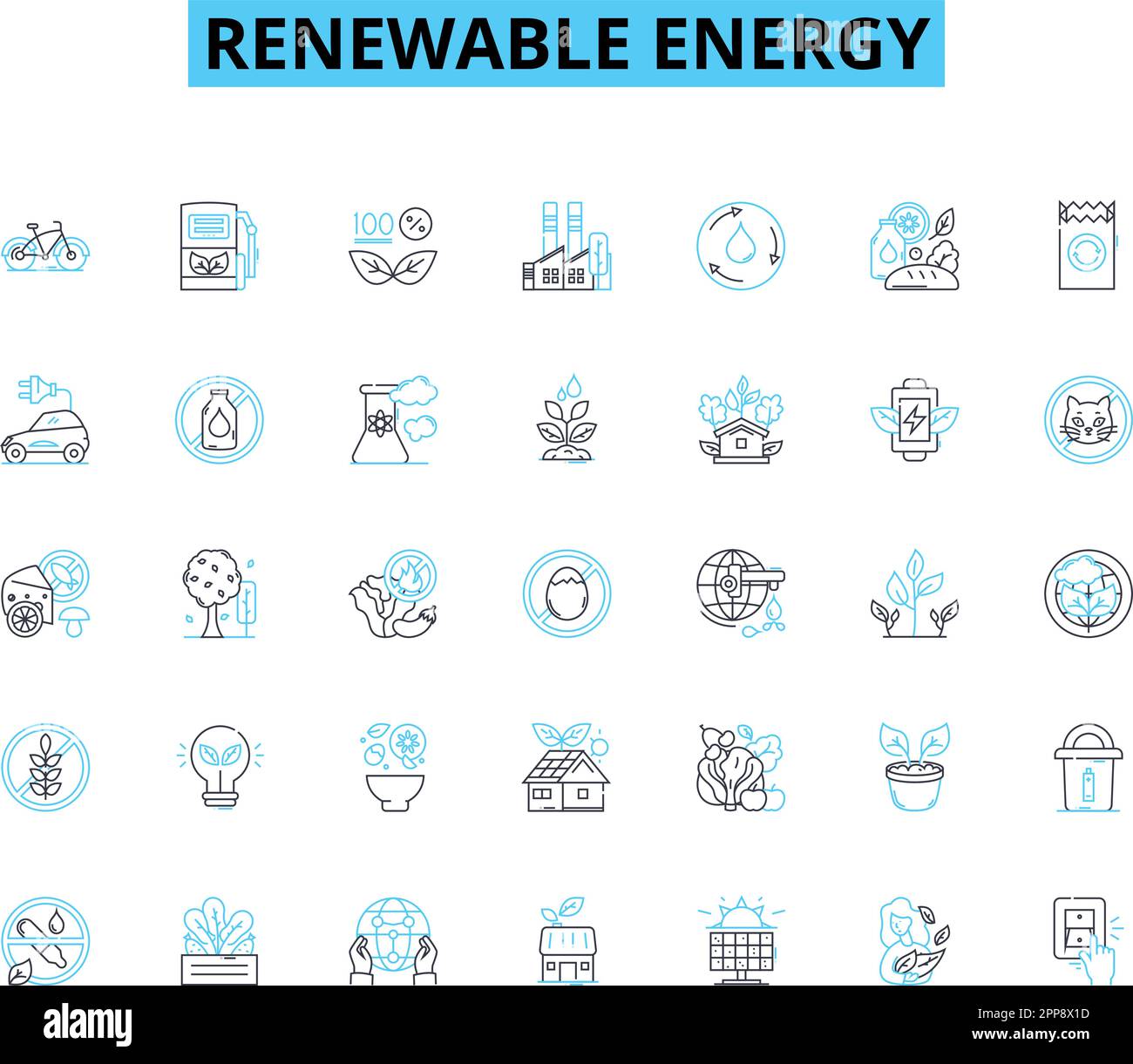 Renewable energy linear icons set. Solar, Wind, Hydro, Geothermal ...