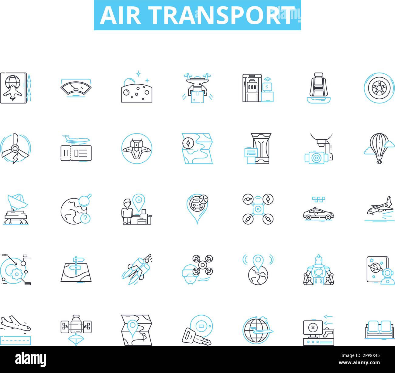 Air transport linear icons set. Flight, Plane, Jet, Helicopter, Airport, Runway, Takeoff line ...