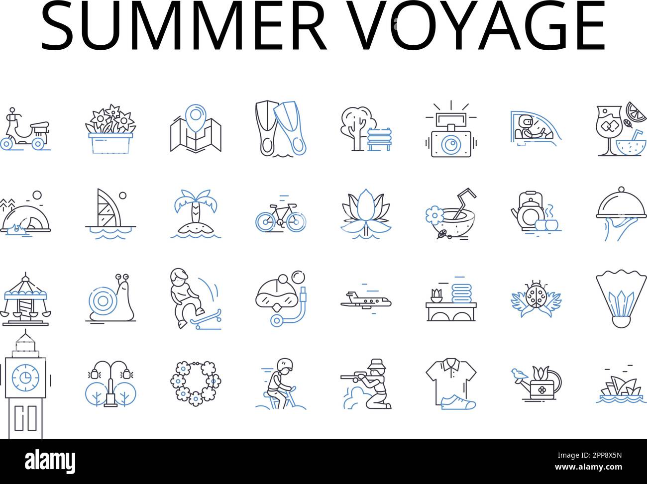 Summer voyage line icons collection. Beach excursion, Winter retreat ...