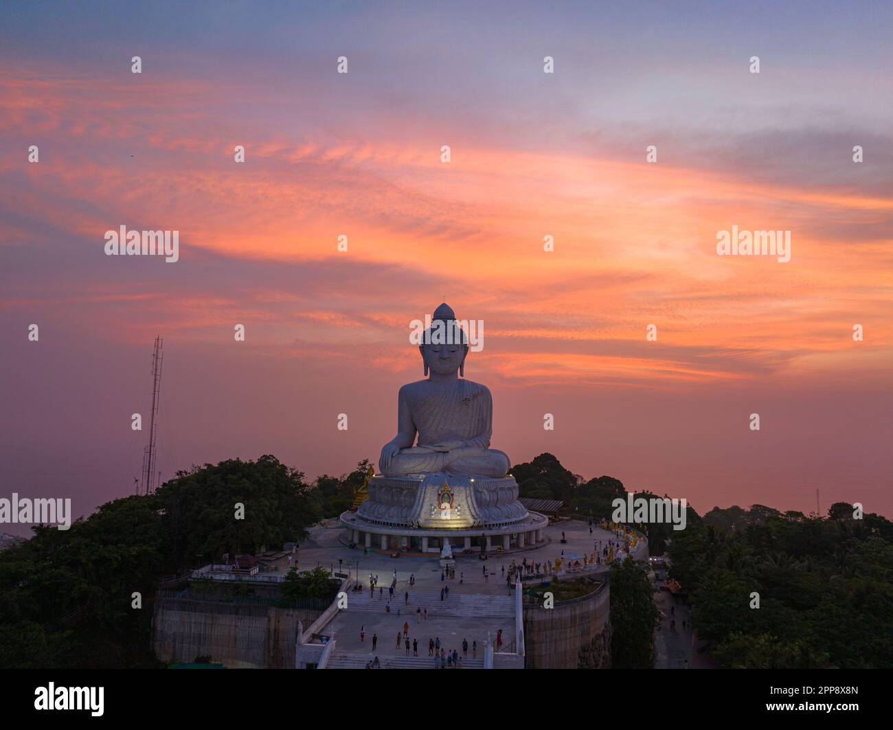 aerial view Phuket big Buddha in beautiful sunset. the sun shines ...
