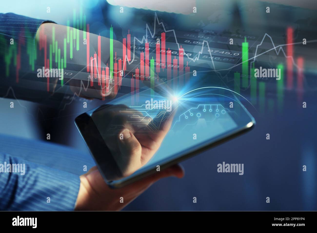 business man with computer laptop tablet graph business stock market graph trading analysis ...