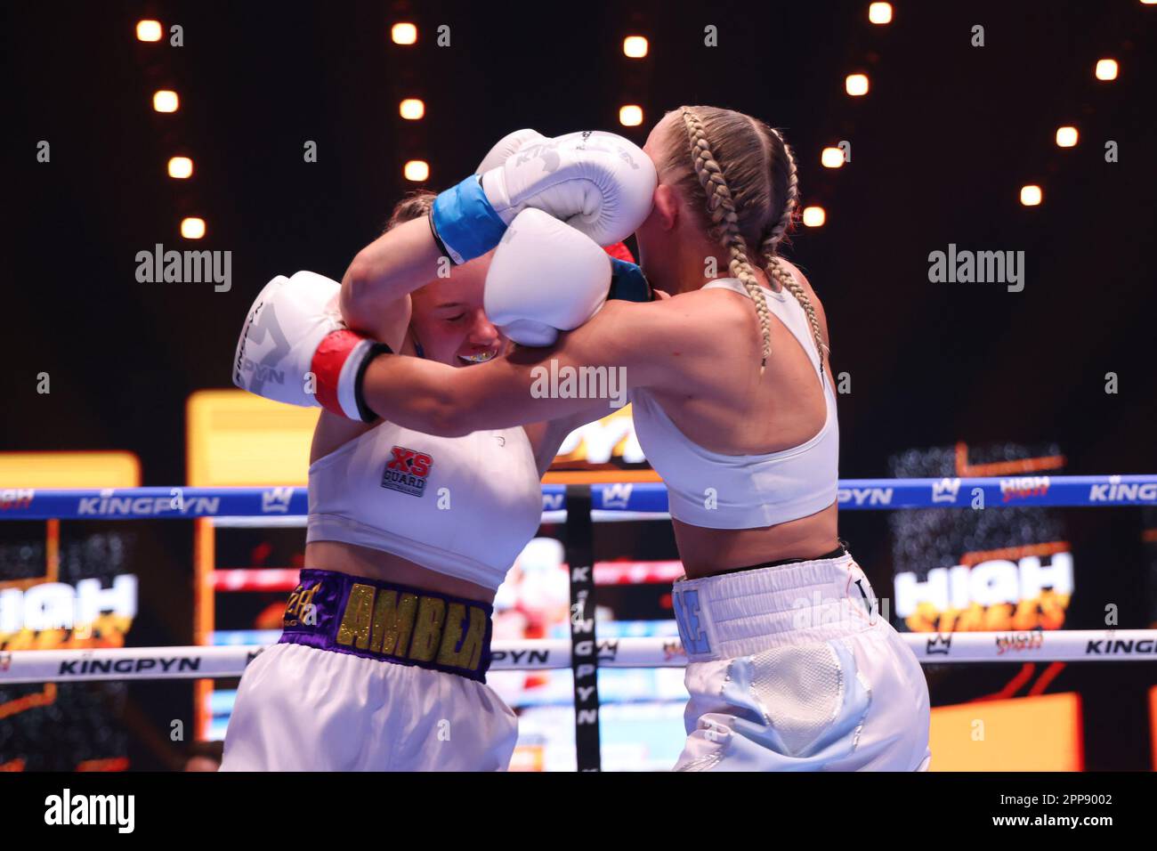 LONDON, UK - APRIL 22: Emily Brooke battles Amber O'Donnell in their ...