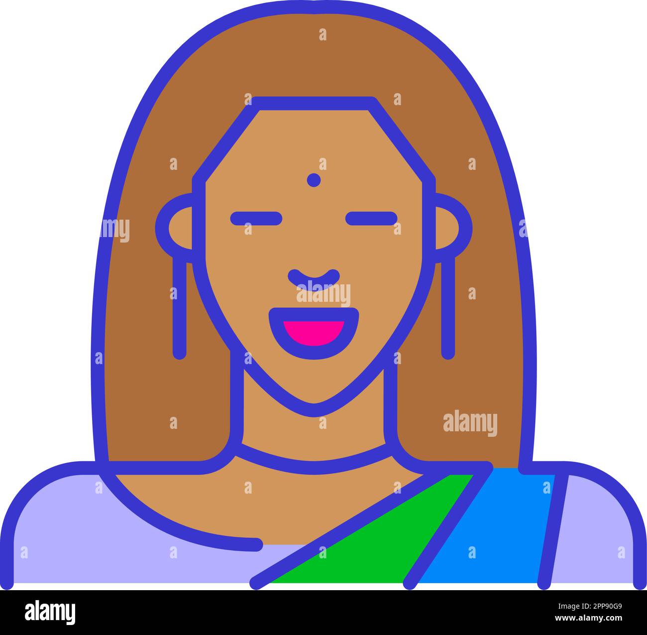 Indian Woman Wearing Traditional Sari Bold Color Cartoon Style