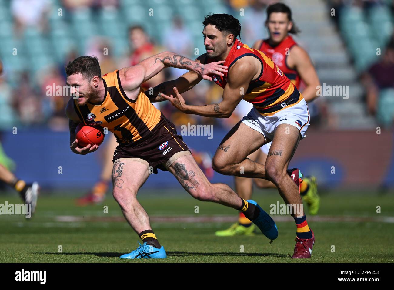 Blake Hardwick of Hawthorn (left) is tackled by Izak Rankine of the ...