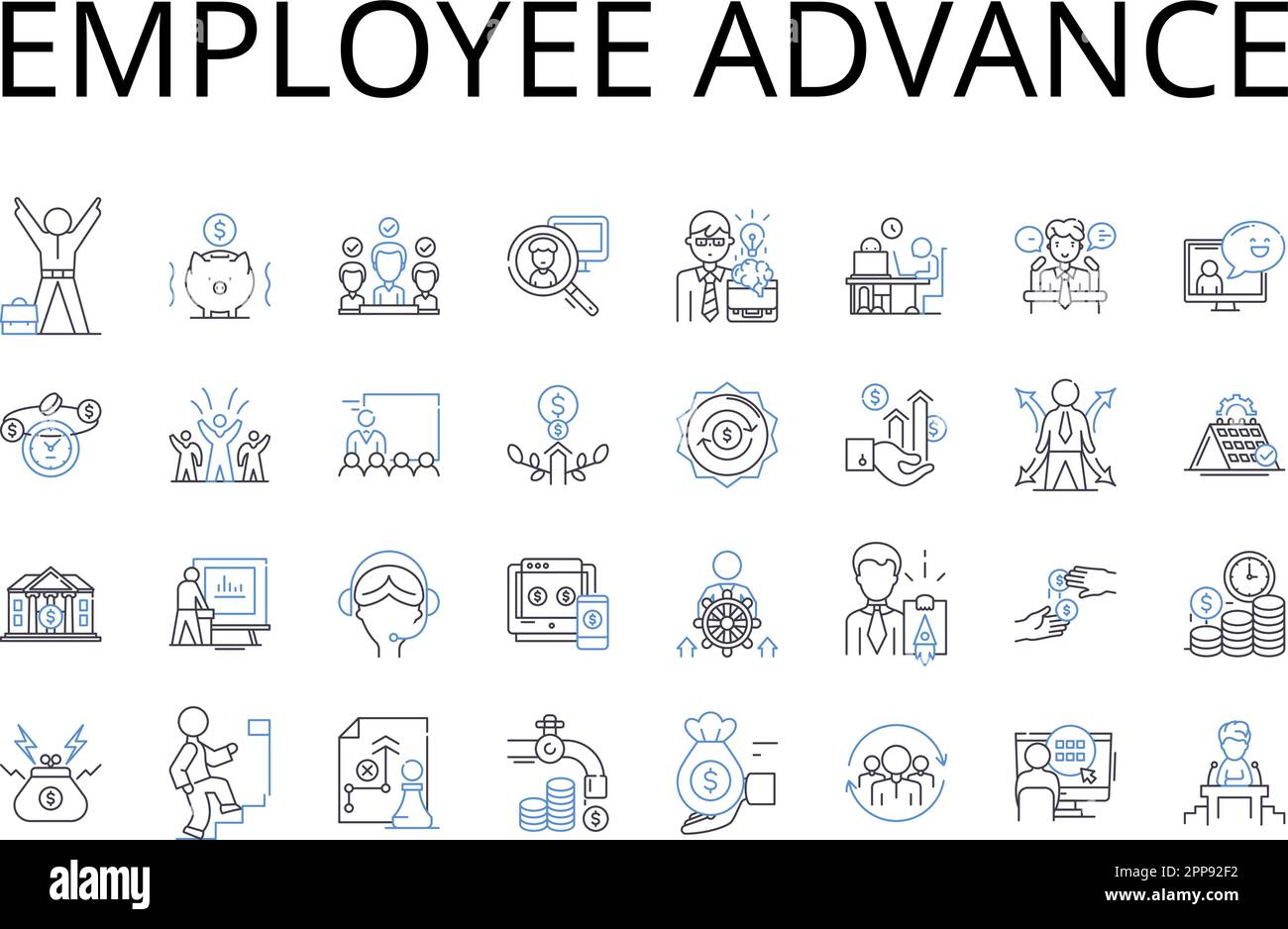 Employee advance line icons collection. Staff growth, Worker development, Personnel improvement ...
