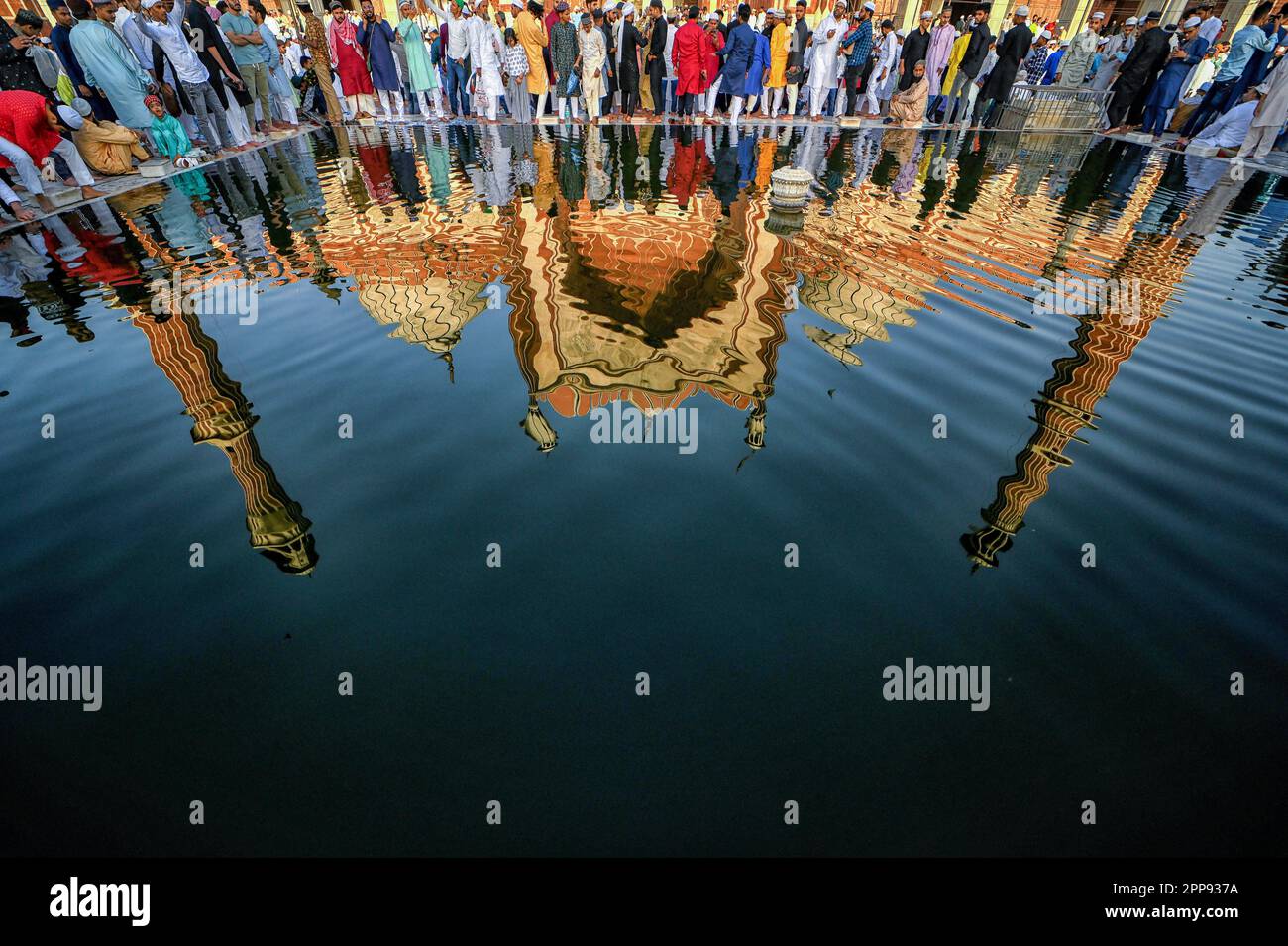Delhi, India. 22nd Apr, 2023. Reflection of Jama Masjid mosque seen in the water. Eid Al-Fitr is ...