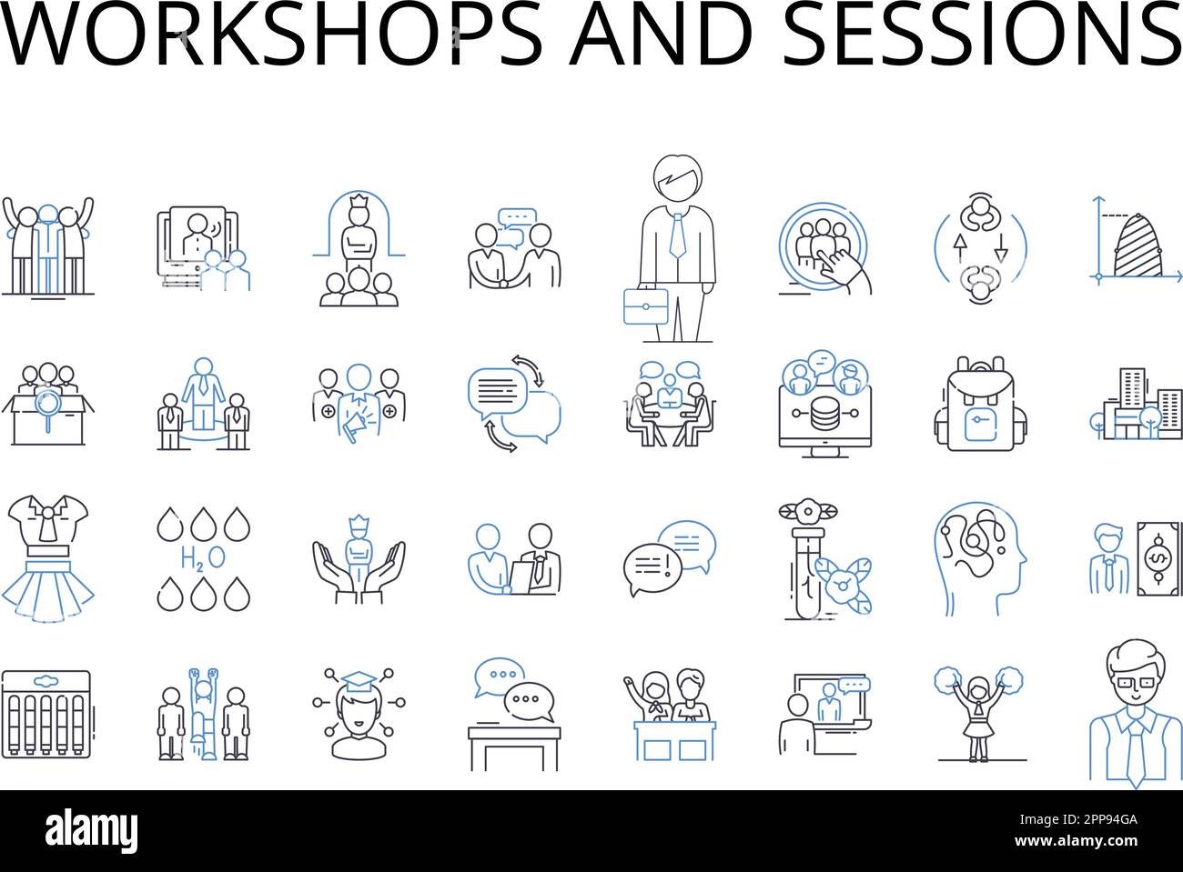 workshops and sessions line icons collection. Seminars and lectures, Talks and speeches, Classes ...