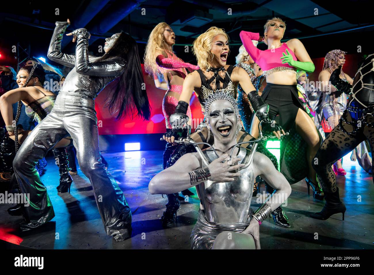 Bangkok, Thailand. 23rd Apr, 2023. Thai drag queens perform with an ...