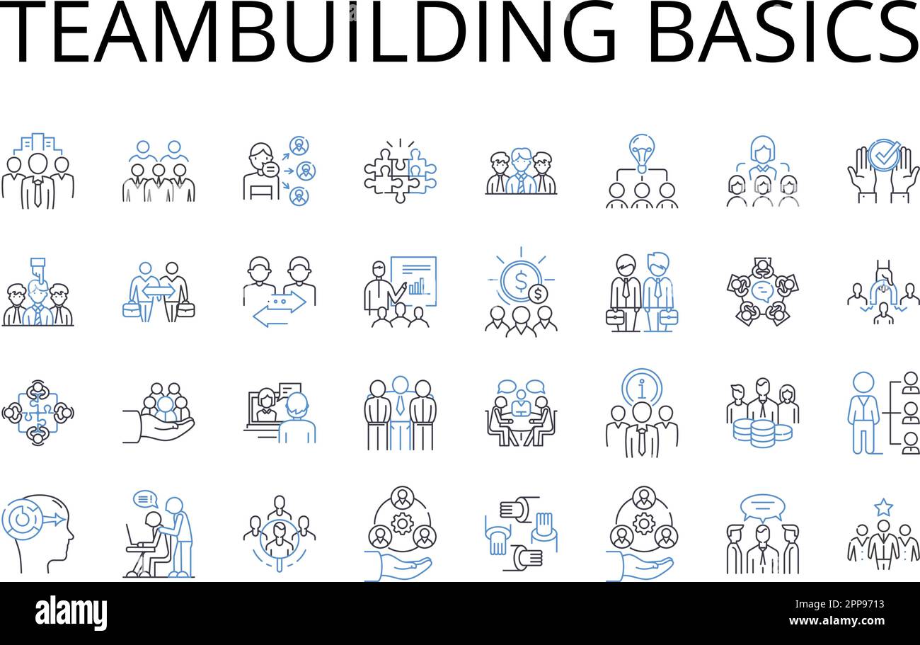 Teambuilding basics line icons collection. Leadership essentials ...
