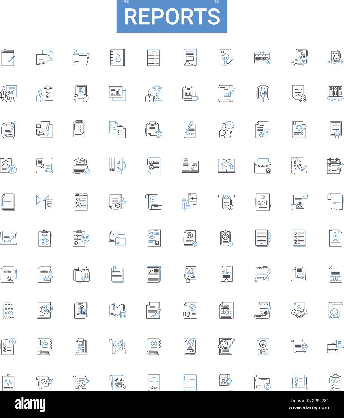 Reports outline icons collection. Reports, Document, Publication, Record, Analysis, Summary ...