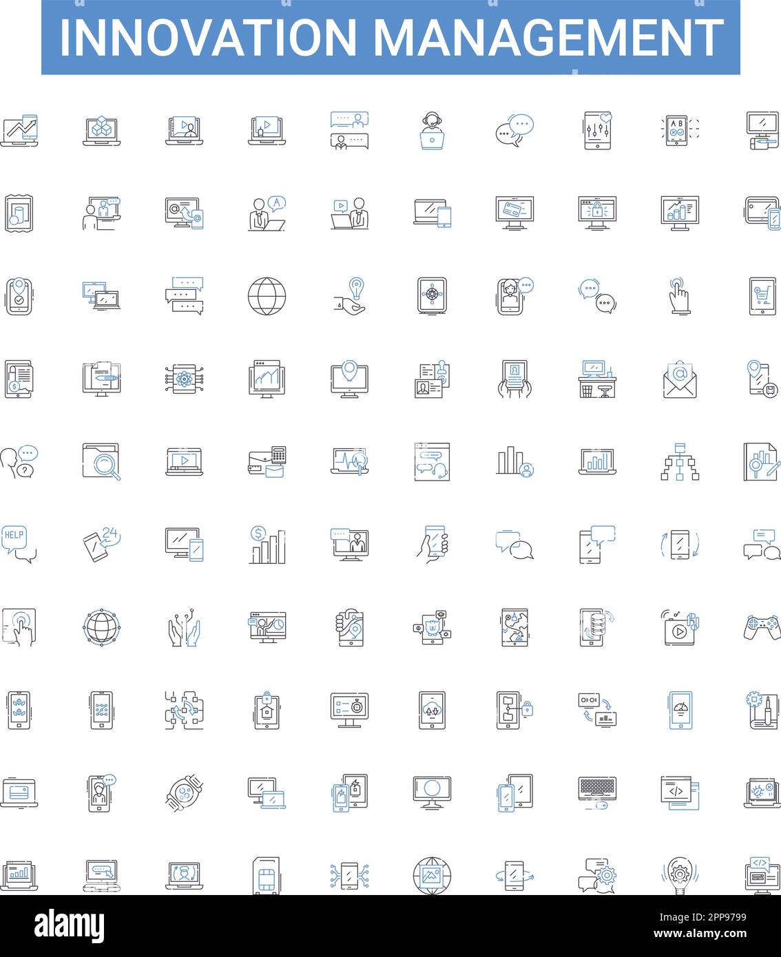 Innovation management outline icons collection. Strategy, Creativity ...