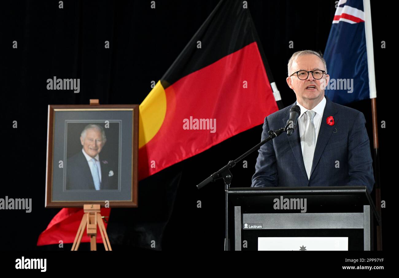 Australian Prime Minister Anthony Albanese speaks in front of a ...