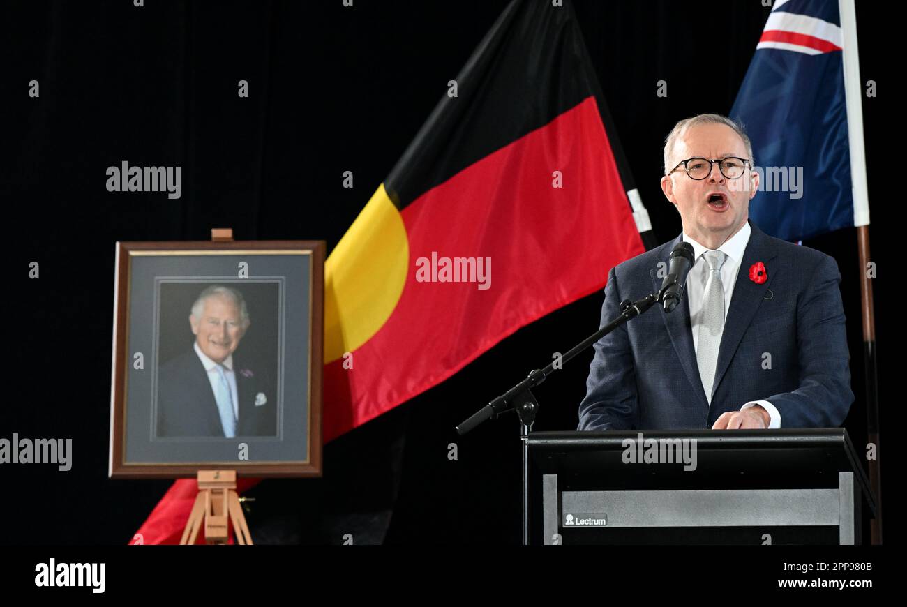 Australian Prime Minister Anthony Albanese speaks in front of a ...