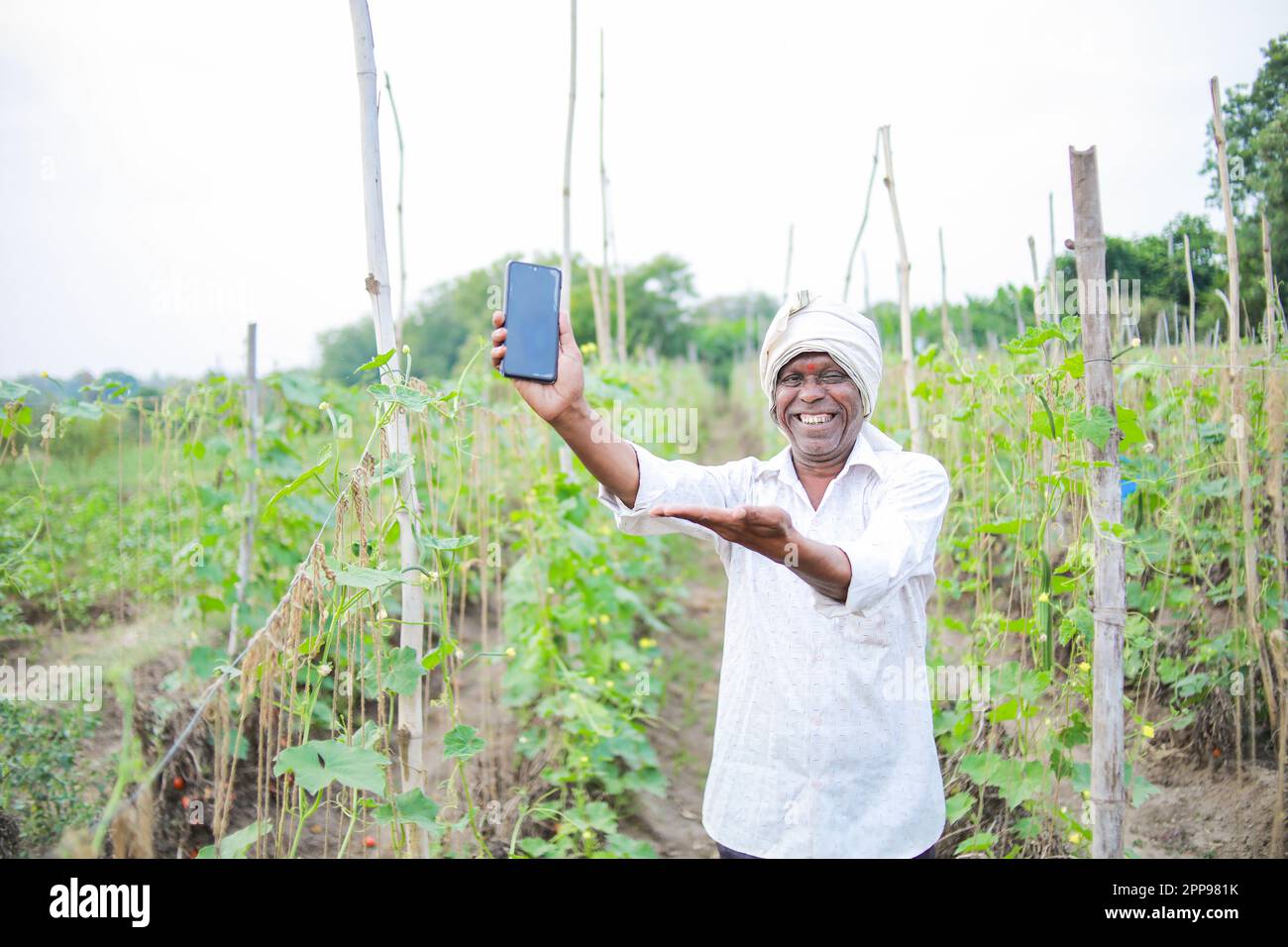 Indian happy farmer holding mobile in hand Stock Photo - Alamy