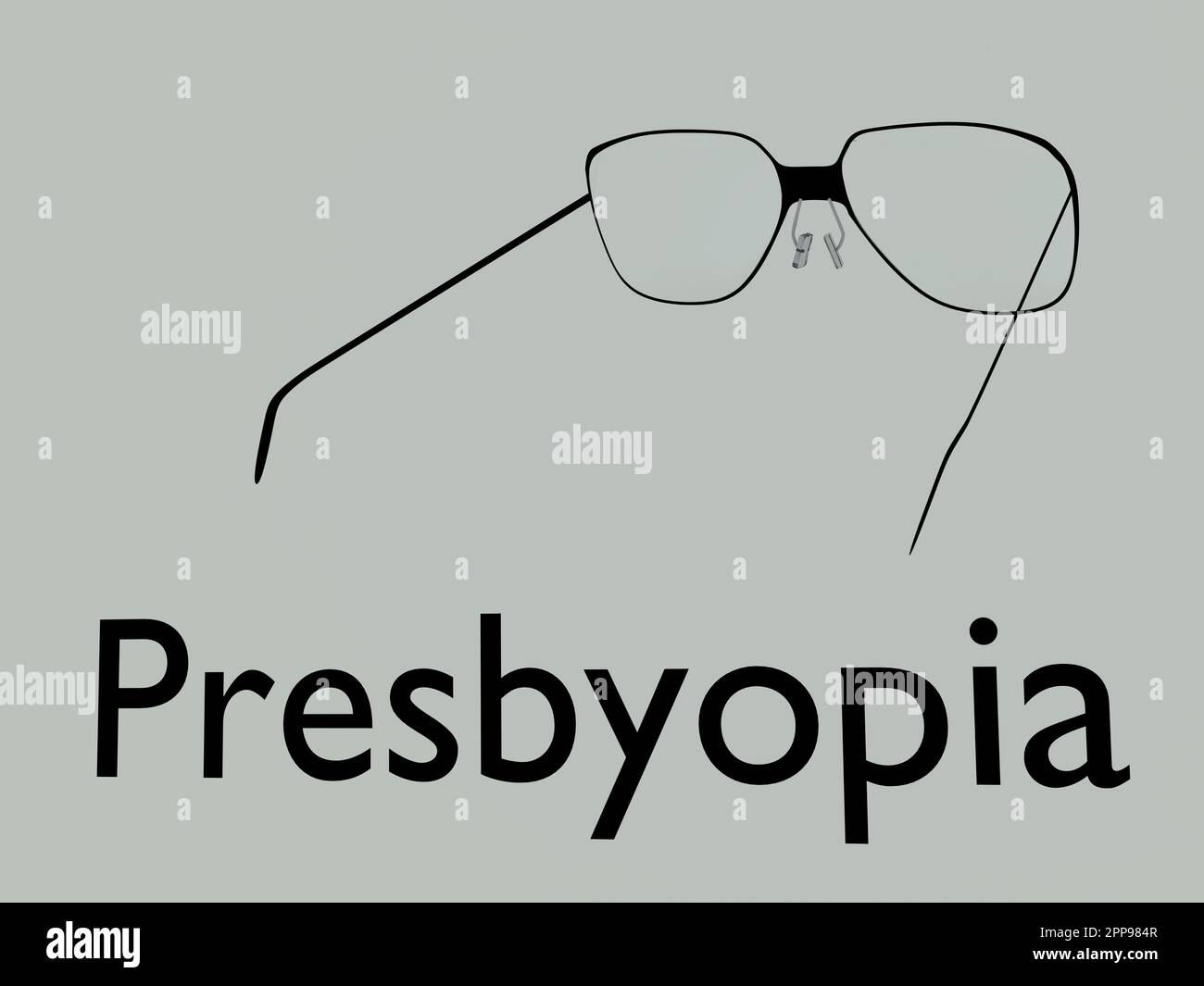 3D illustration of Presbyopia script under eyeglasses, isolated on gray ...