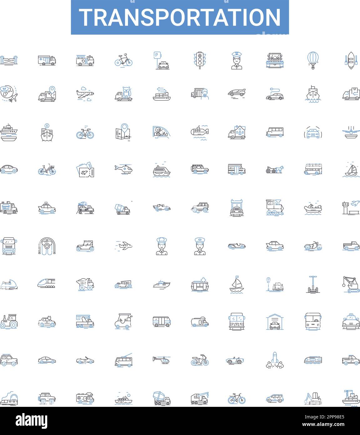 Transportation outline icons collection. Train, Bus, Plane, Taxi, Ferry ...