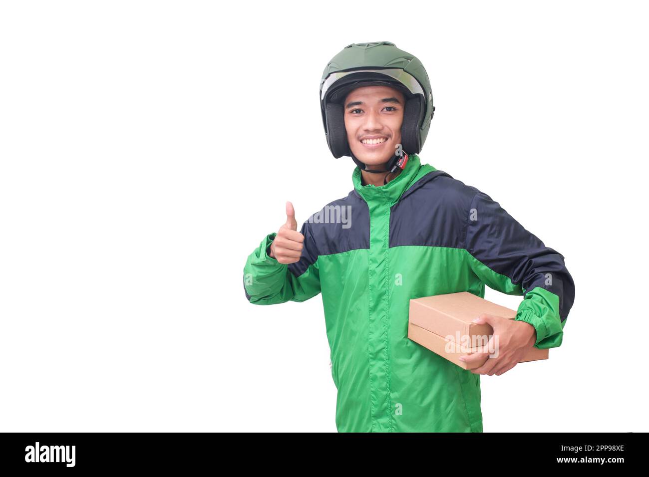 Portrait of Asian online courier driver wearing green jacket and helmet ...