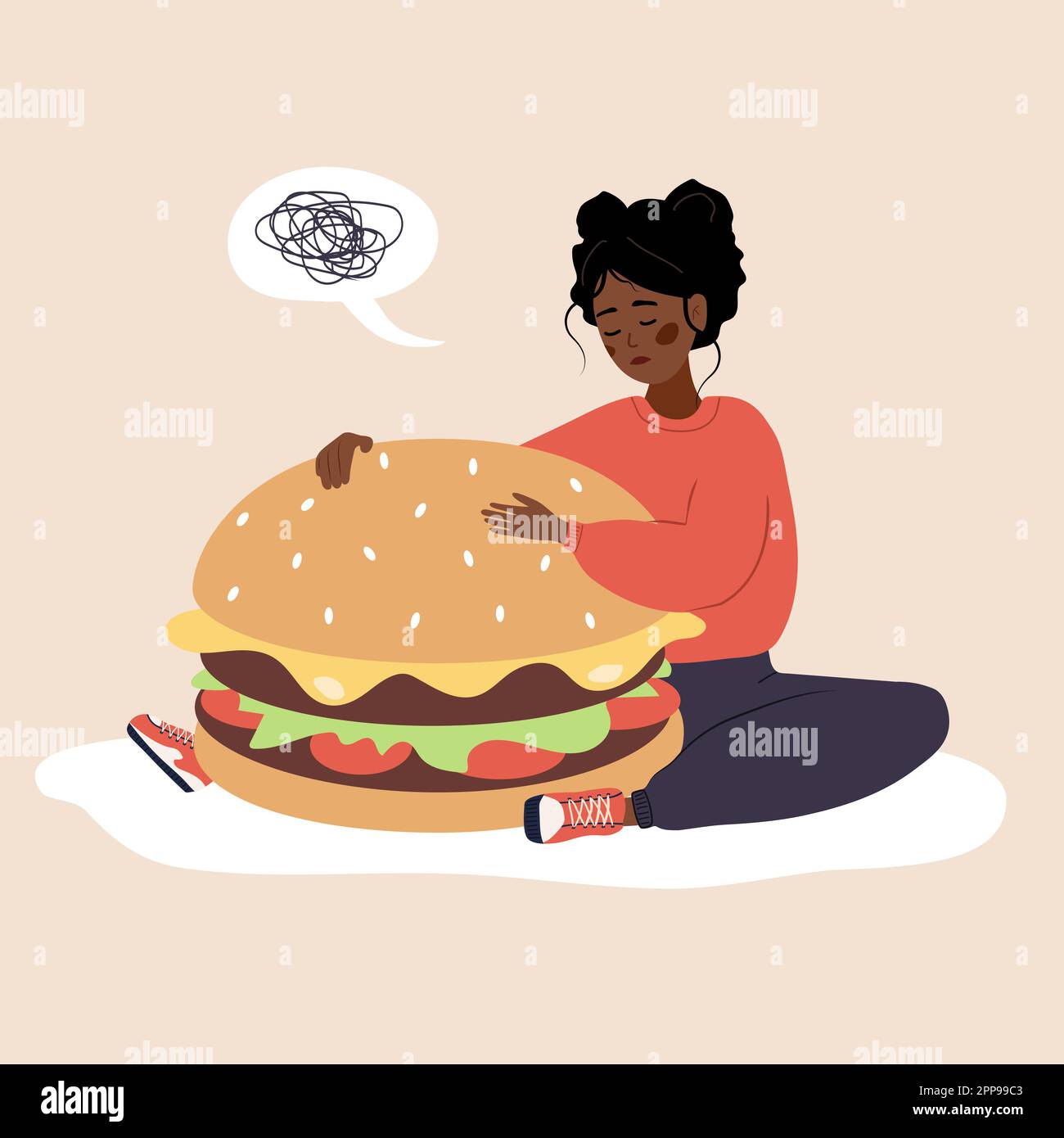 Eating disorder. Sad african woman hugging huge hamburger and worries ...