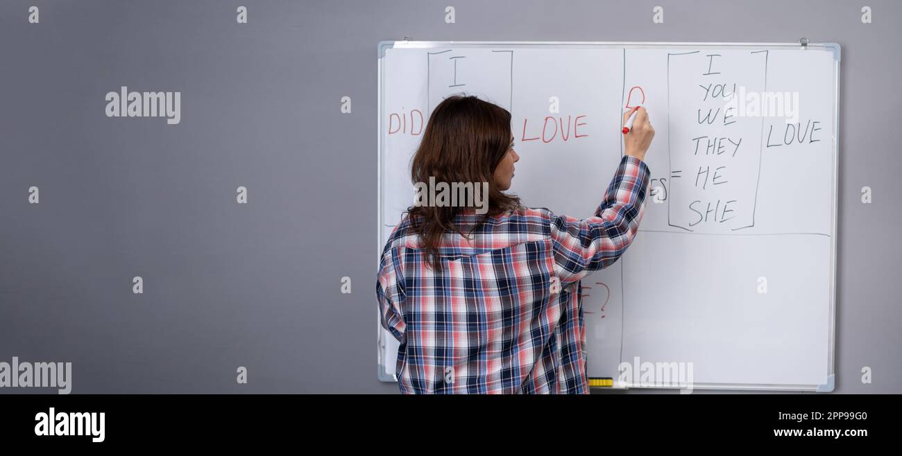 Back view of female teacher standing at a whiteboard, writing on the ...