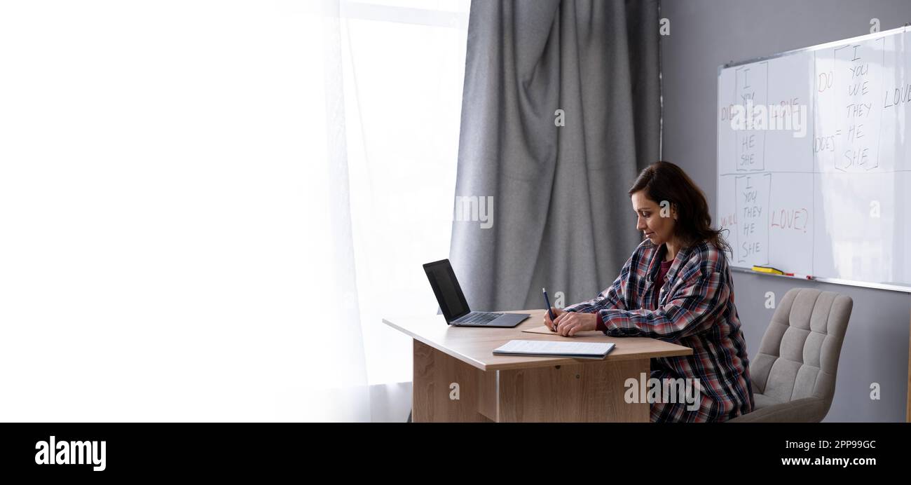 Online Conference. Professional female teacher giving virtual lecture ...