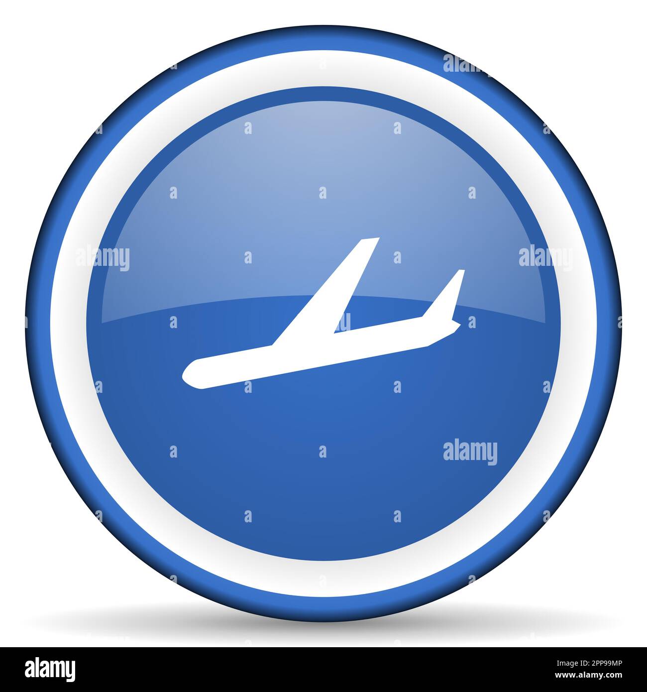 Arrivals, flight, airplane glossy web icon, blue circle button isolated ...