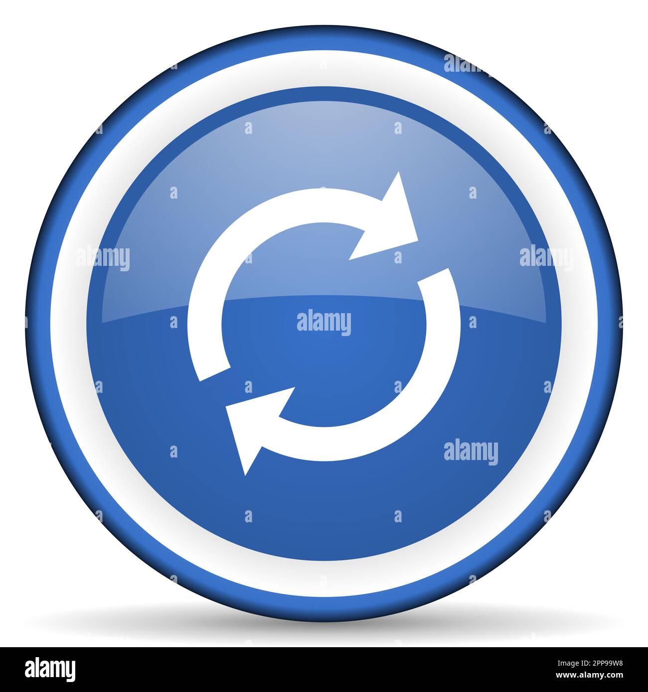 Reload glossy web icon, blue circle button isolated on white background ...