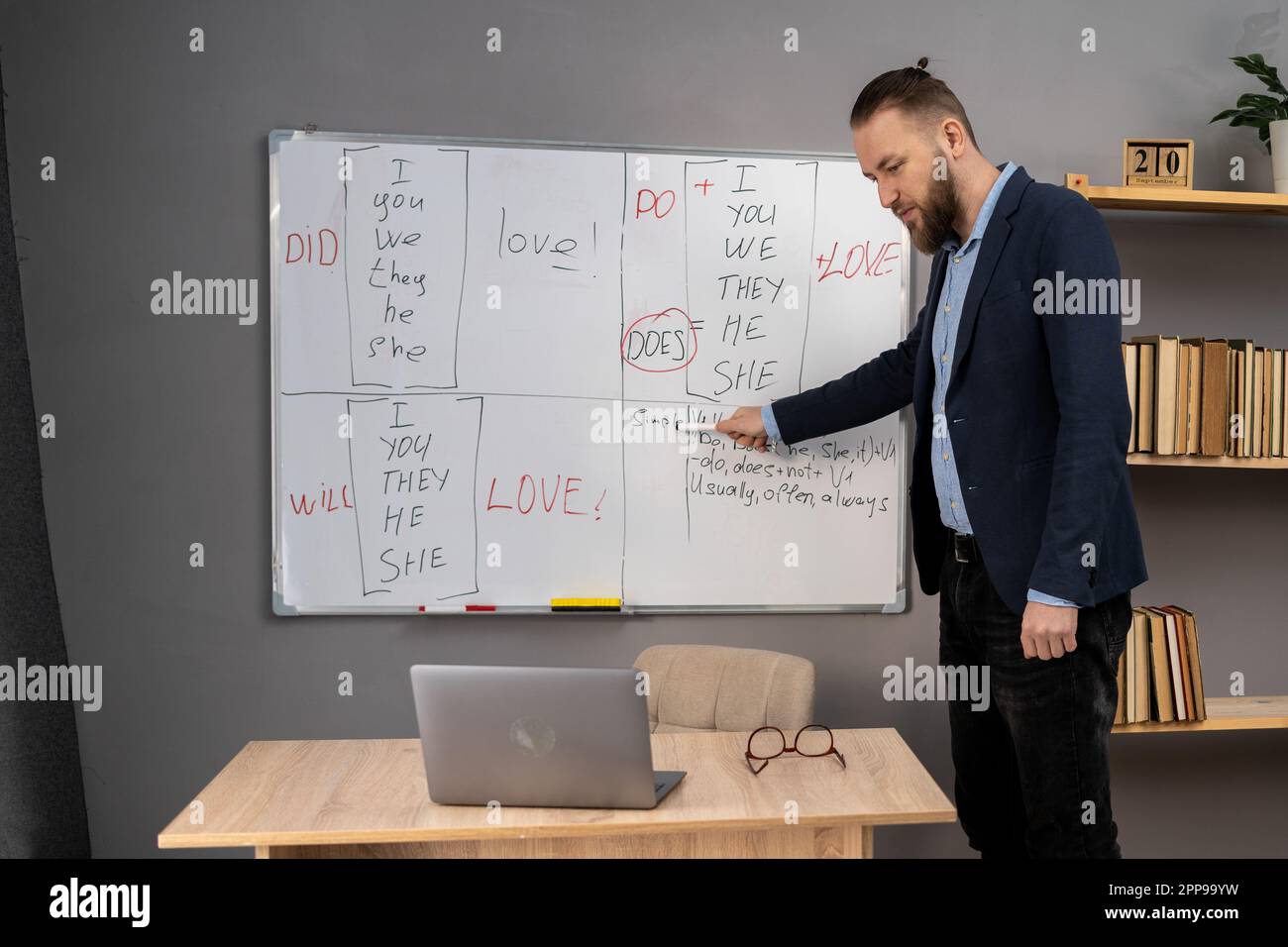 Modern English lessons at home. Teacher points to white board with ...