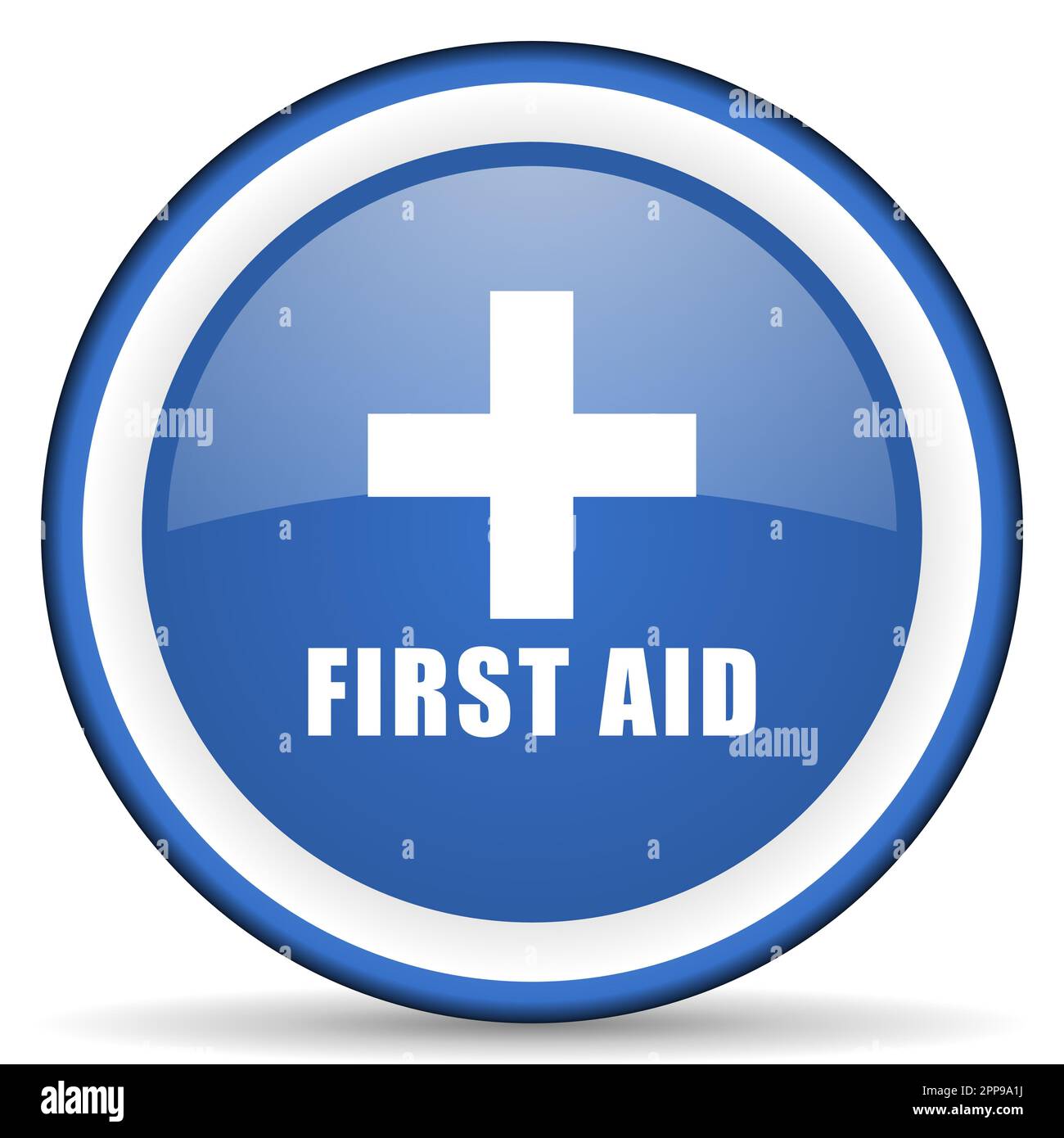 First aid glossy web icon, blue circle button isolated on white ...
