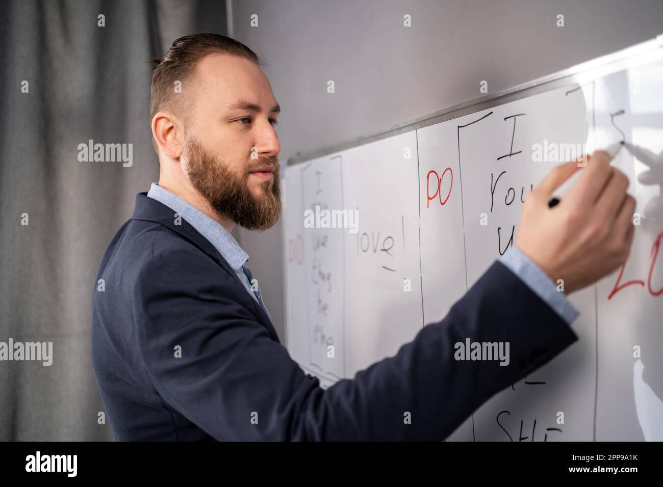 Portrait of friendly man writing on blackboard English rules. Education ...