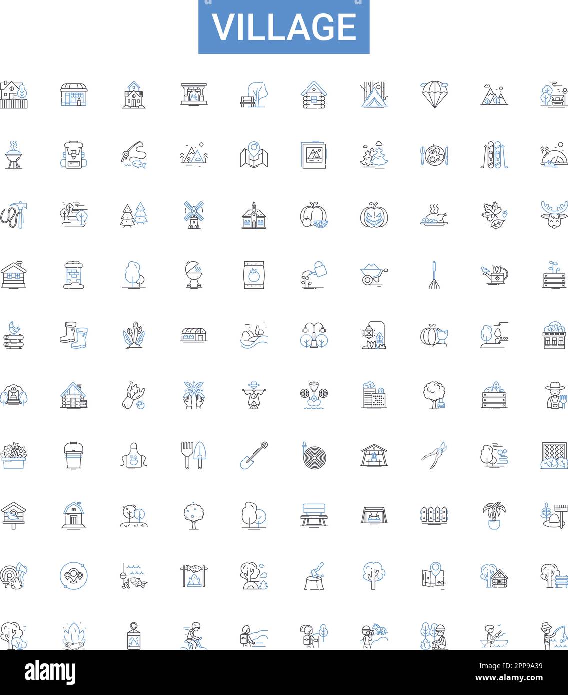 Village outline icons collection. Village, settlement, hamlet, township ...