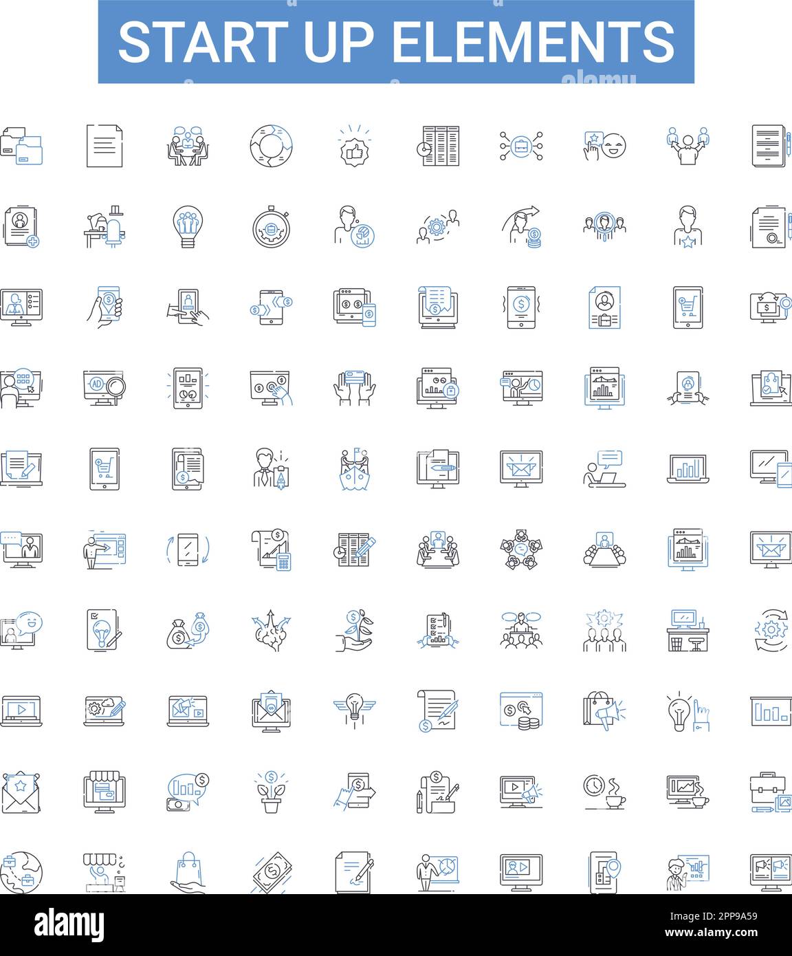 Start up elements outline icons collection. Funding, Resources, Idea ...