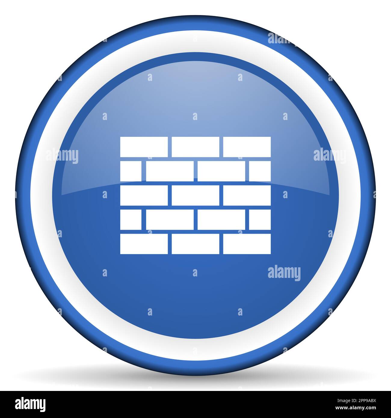 Brick wall, building glossy web icon, blue circle button isolated on ...