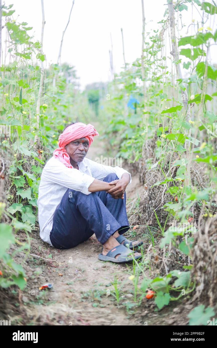 Indian poor farmer in farm, sad farmer, loss of farmer Stock Photo - Alamy