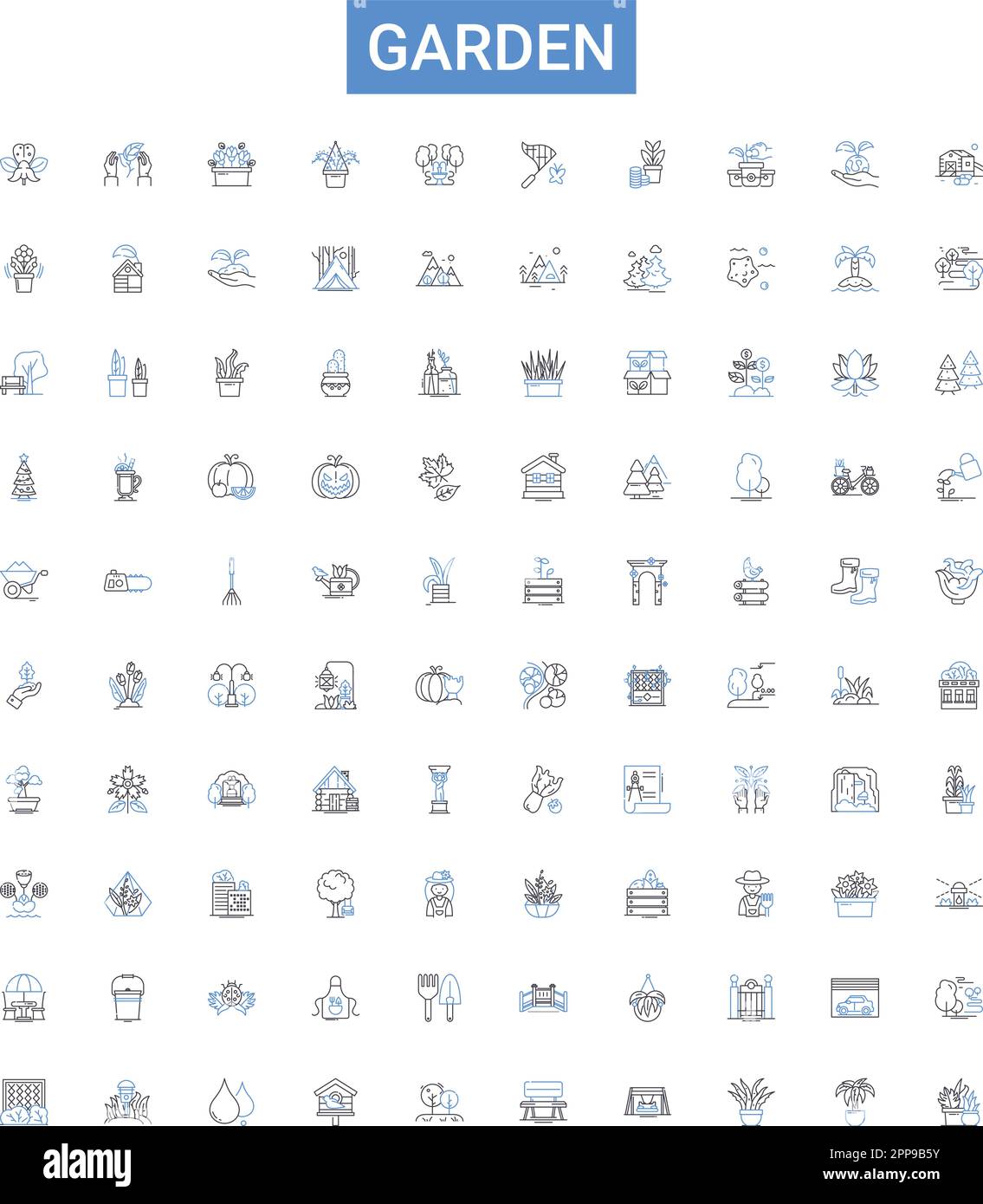 Garden outline icons collection. Plants, Trees, Flowers, Lawn, Soil ...