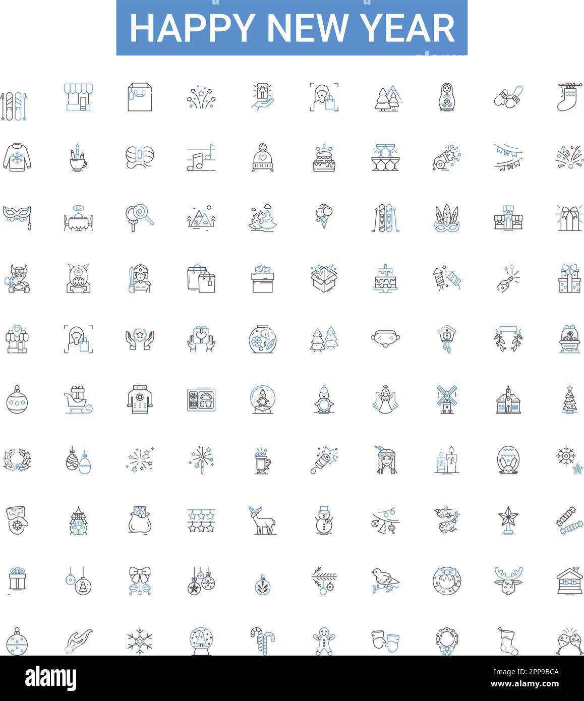Happy new year outline icons collection. Glad, Joyful, Cheerful ...