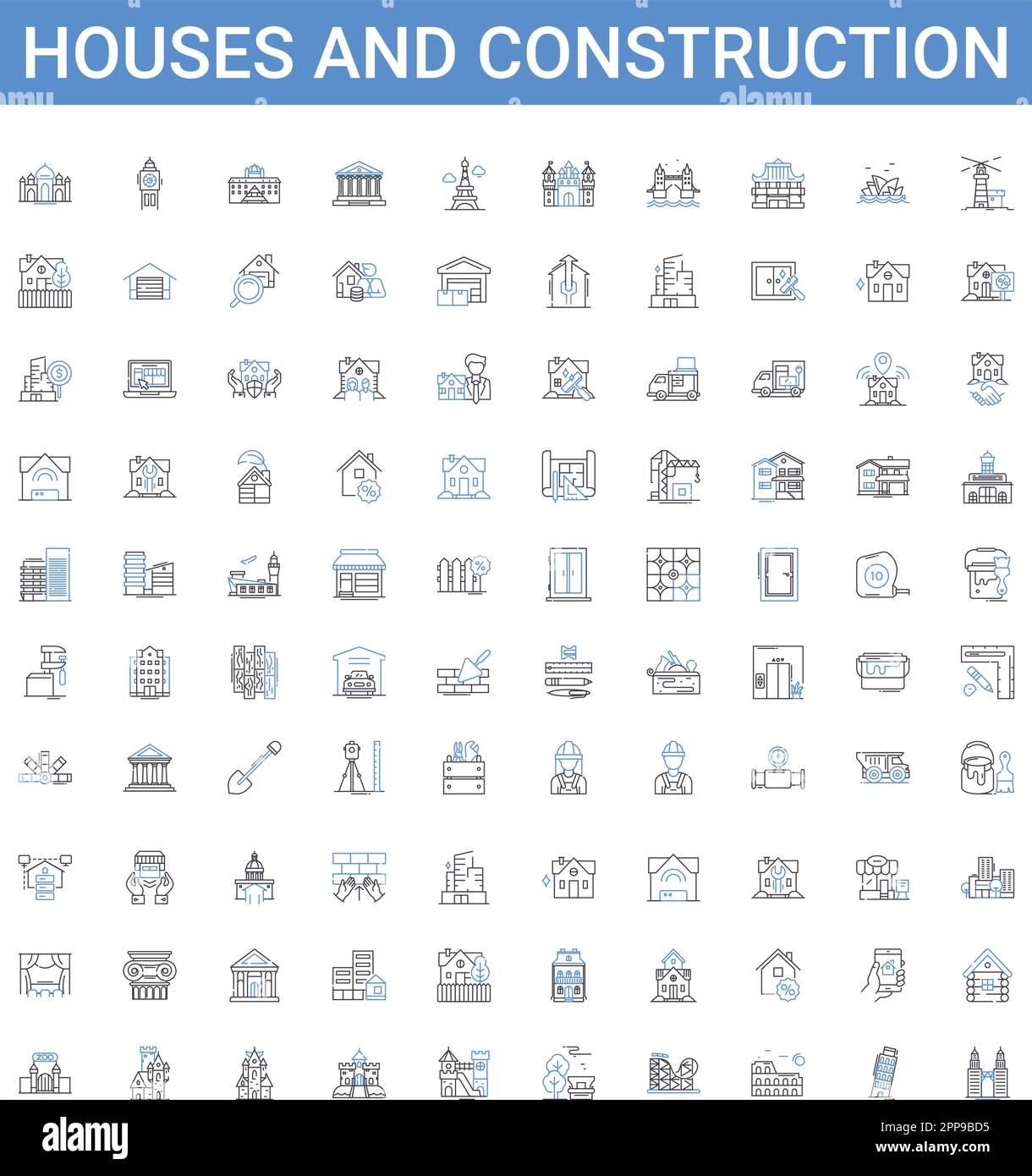 Houses and construction outline icons collection. Housing, Construction ...
