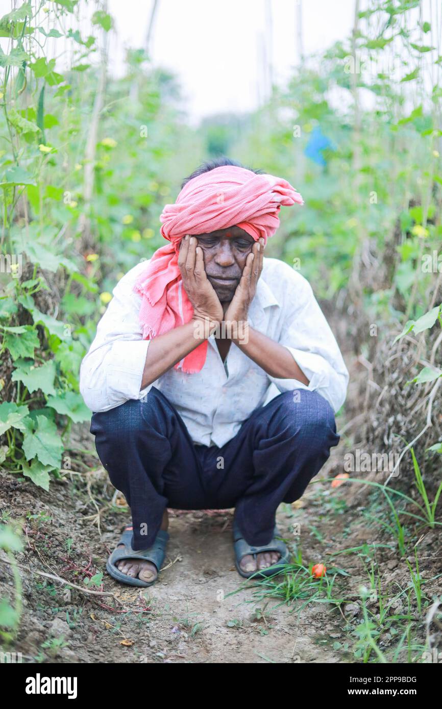 Indian poor farmer in farm, sad farmer, loss of farmer Stock Photo - Alamy