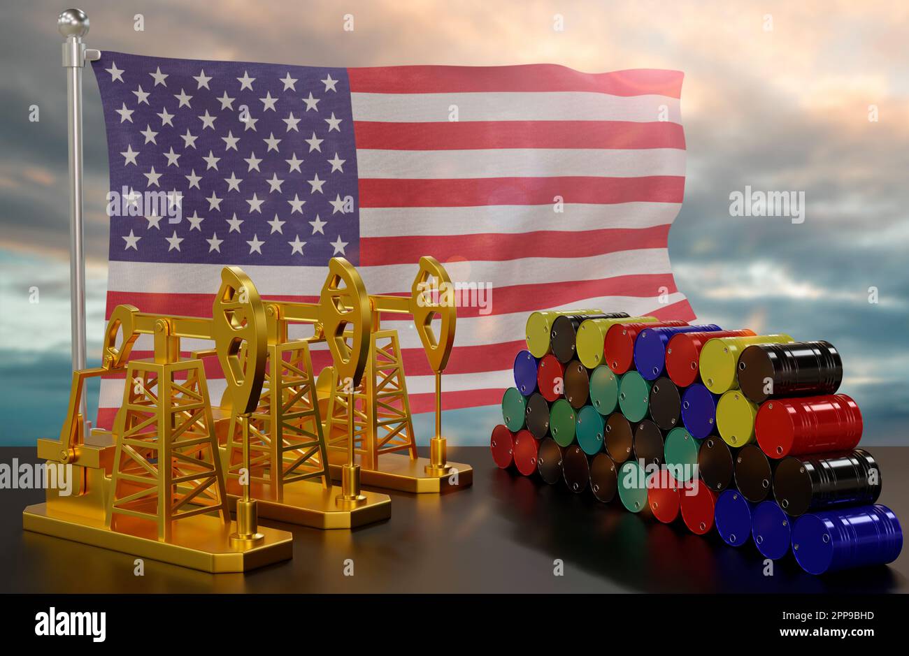 The American's petroleum market. Oil pump made of gold and barrels of ...