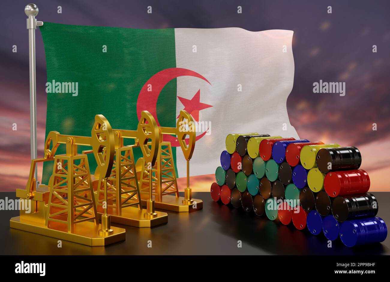 The Algerian's petroleum market. Oil pump made of gold and barrels of ...