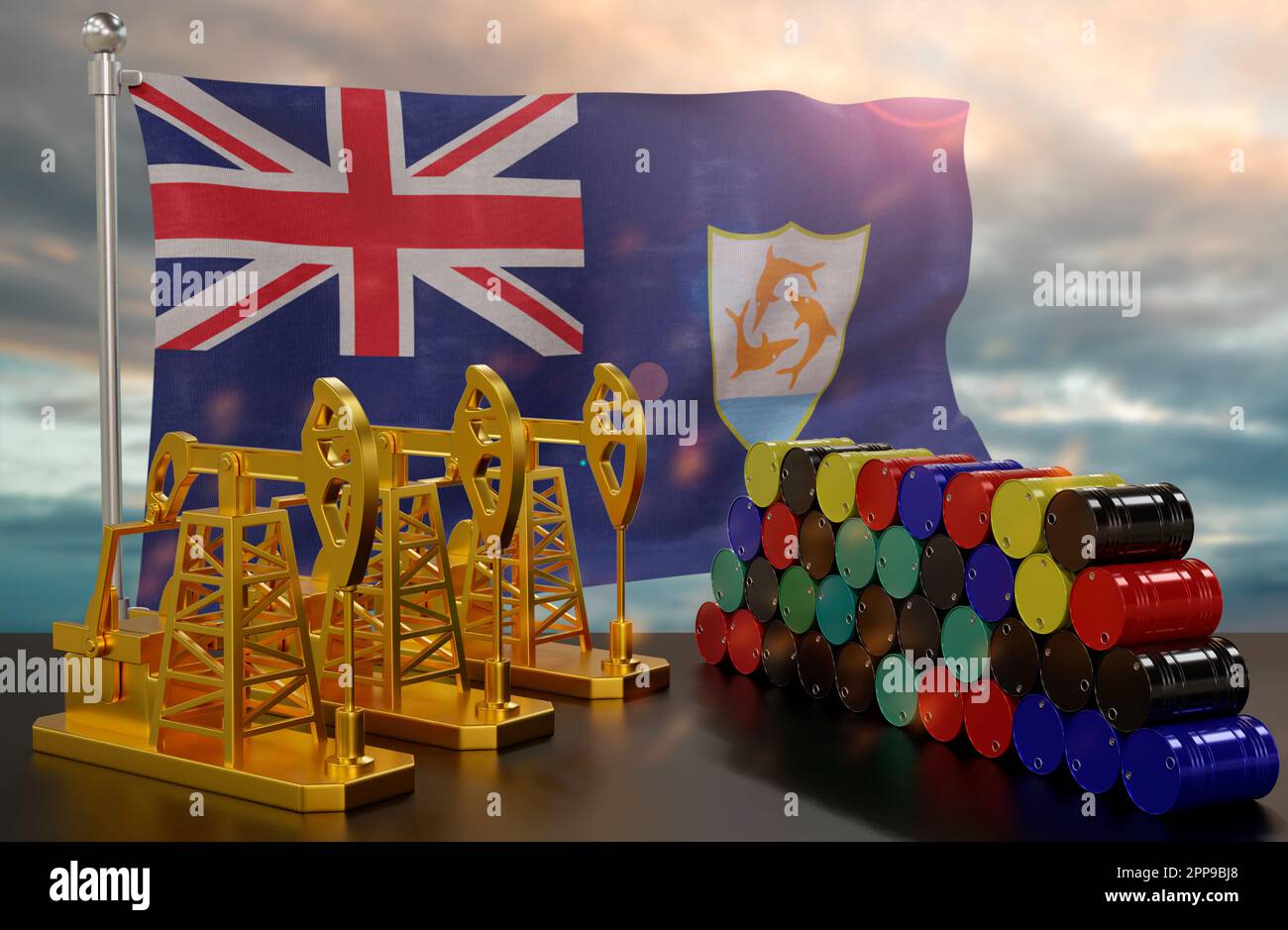The Anguilla's petroleum market. Oil pump made of gold and barrels of ...