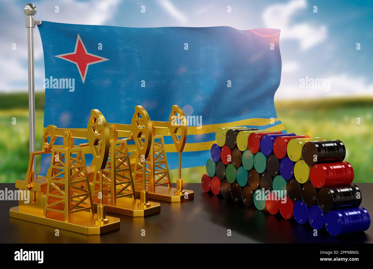 The Aruba's petroleum market. Oil pump made of gold and barrels of ...